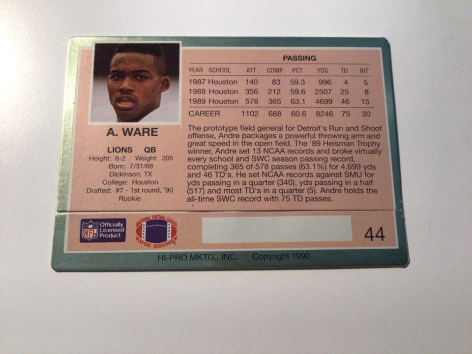 Andre Ware RC Rookie 1990 Action Packed Update Lions #44 02 | eBay