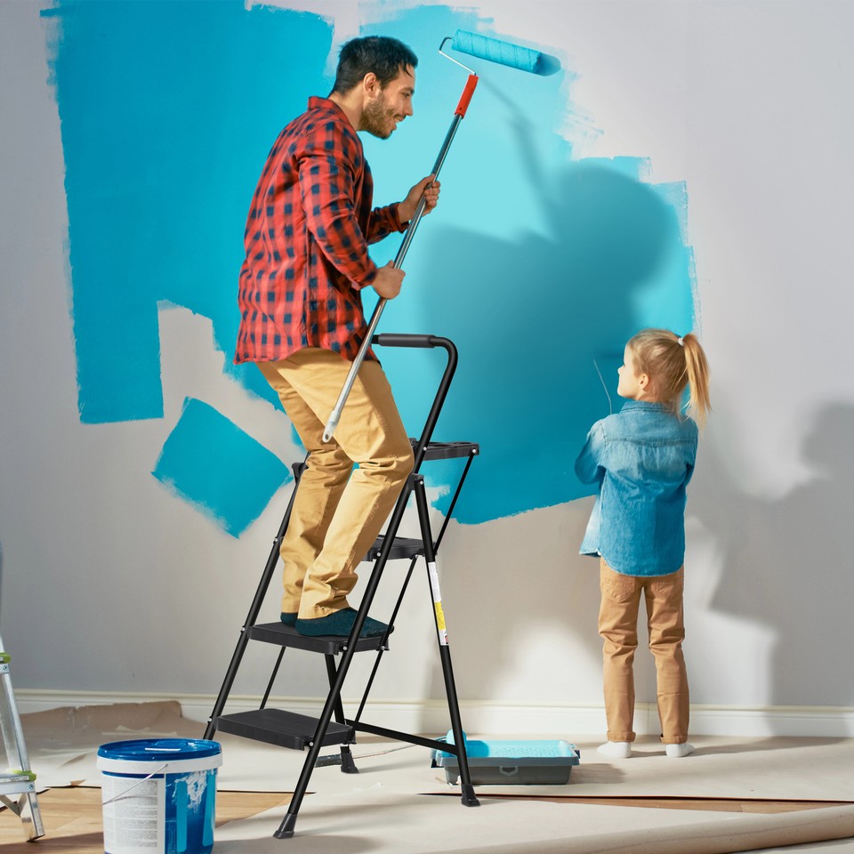 3 Step Ladder w/ Handgrip 330Lbs Steel Step Stool Folding Ladder Anti ...