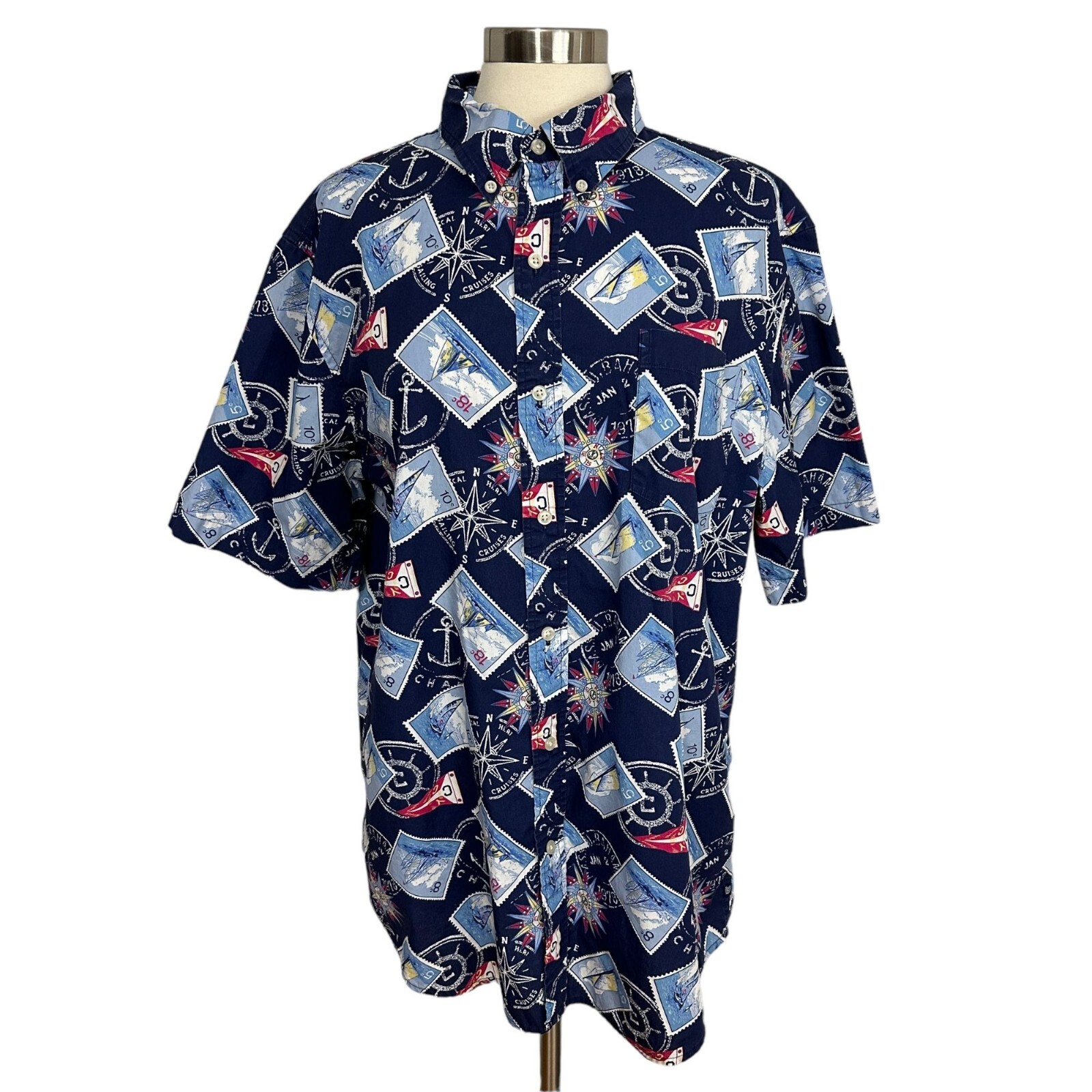 CHAPS Mens XL Navy Blue Nautical Sailing Compass Boats Preppy Button Up ...