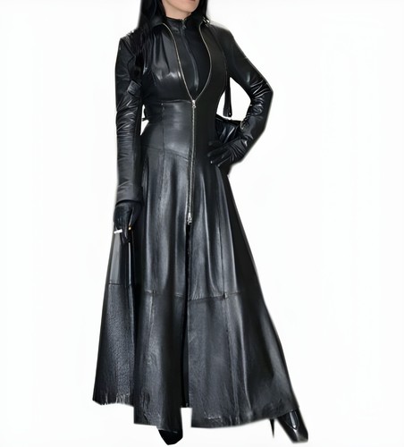 Womens Black Leather Trench Coat Steampunk Gothic Long Coat Winter ...