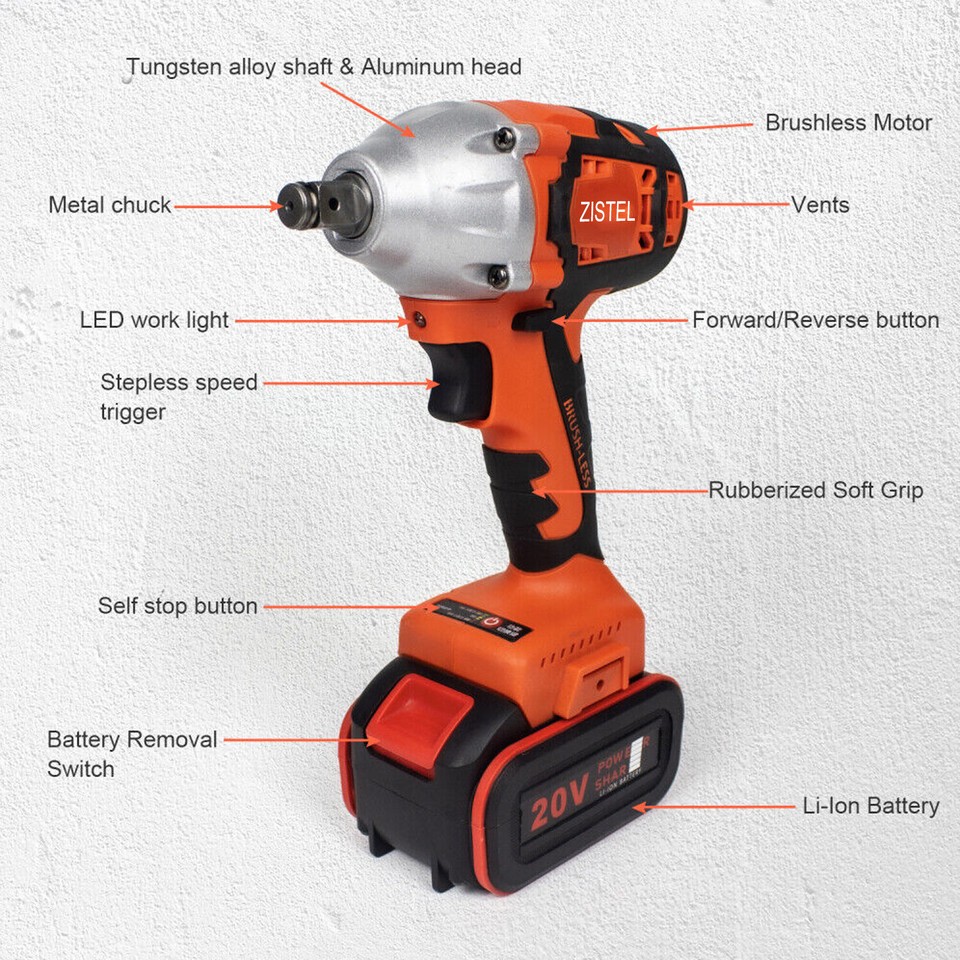 1/2'' Driver Cordless Electric Impact Wrench Gun 520Nm High Torque ...