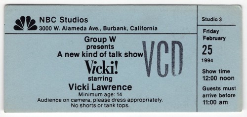 1994 Vintage NBC-TV Studio Admission Ticket: "Vicki!" Starring Vicki ...