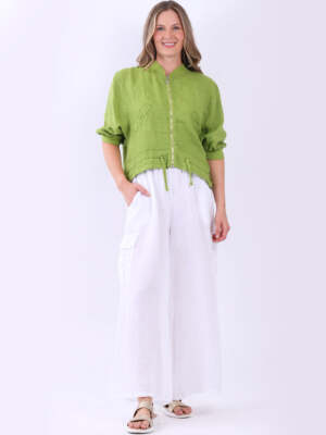 Front Zip Ladies Linen Crop Jacket Italian Ribbed Hem Summer Swan Neck ...