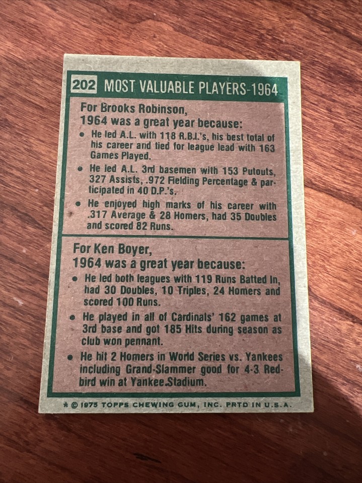 1975 Topps - Most Valuable Players #202 Brooks Robinson / Ken Boyer | eBay