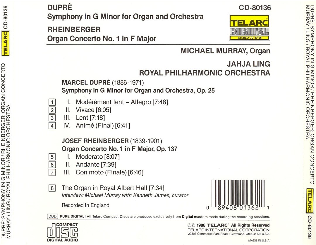 MICHAEL MURRAY DUPRÉ: SYMPHONY IN G MINOR; RHEINBERGER: ORGAN CONCERTO ...