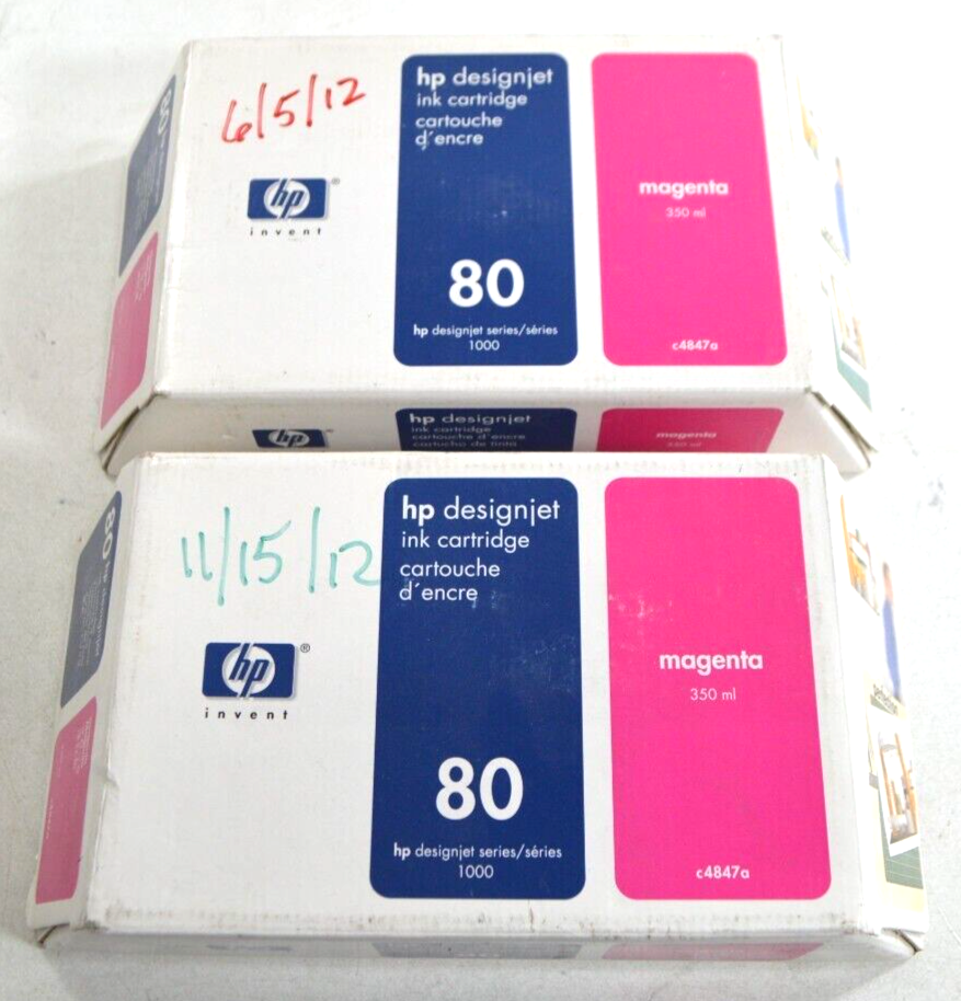 Lot of 2 HP 80 Magenta 350mL Ink Cartridge C4847A 1055cm 1000 1050C ...