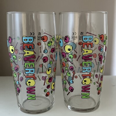 2 BEAVERTOWN PINT GLASSES Neck Oil Psychedelic- Skull & Bones Wrap ...