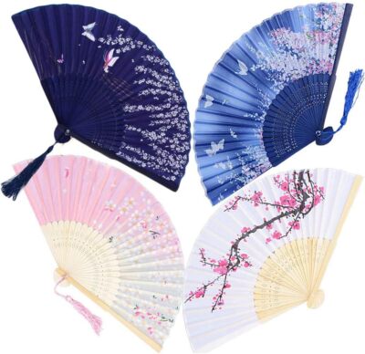 4 Pack Folding Fan Silk Hand Fans with Tassel Bamboo Classic Chinese ...