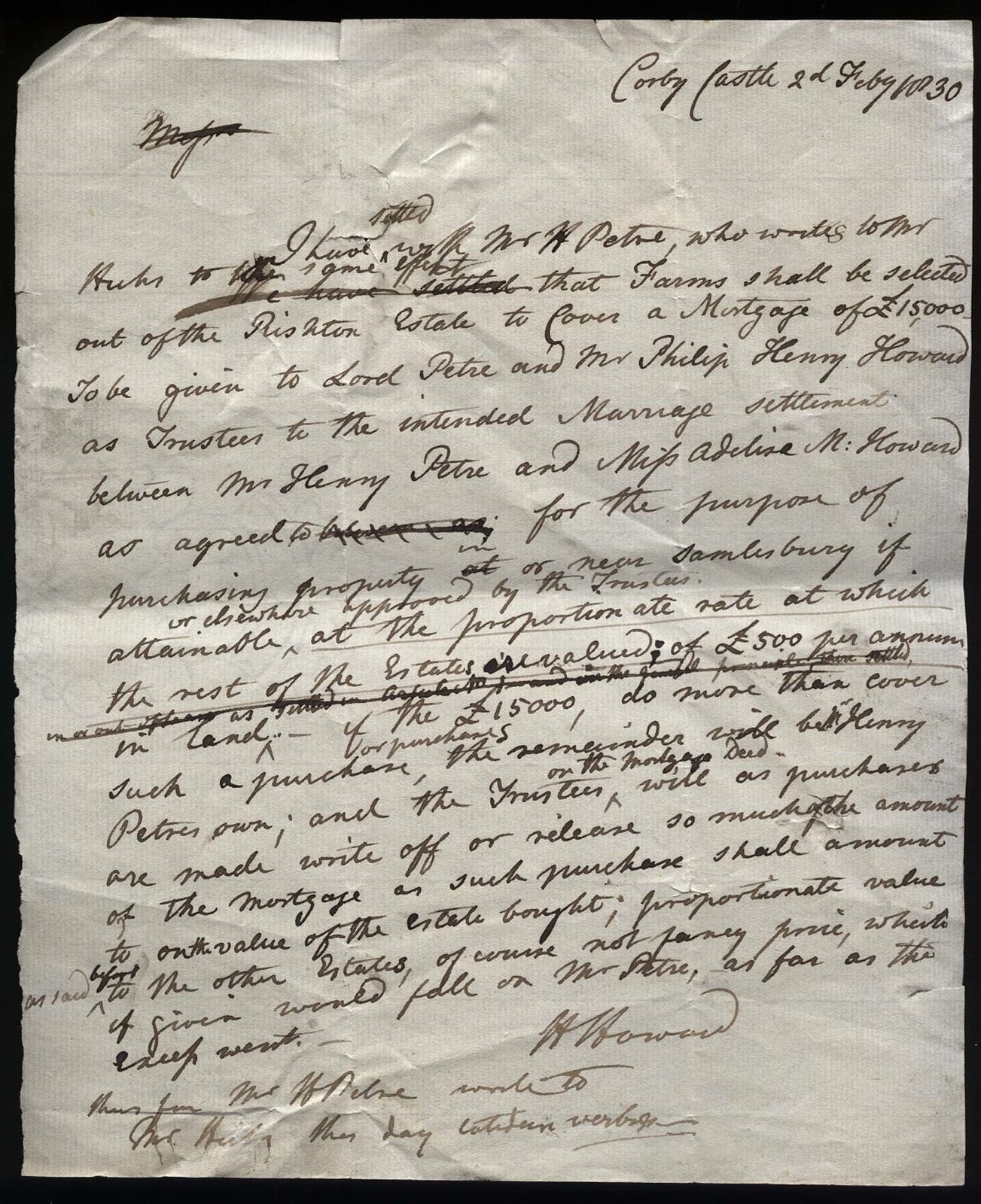 1830 CORBY CASTLE letter from Henry Howard, re Rishton Estate, Lord ...