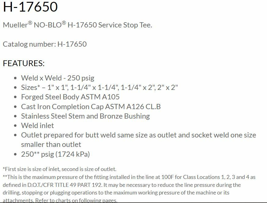 MUELLER H-17650 1" x 1" 250 psig NO-BLO Service Stop Tee Welding Type ...