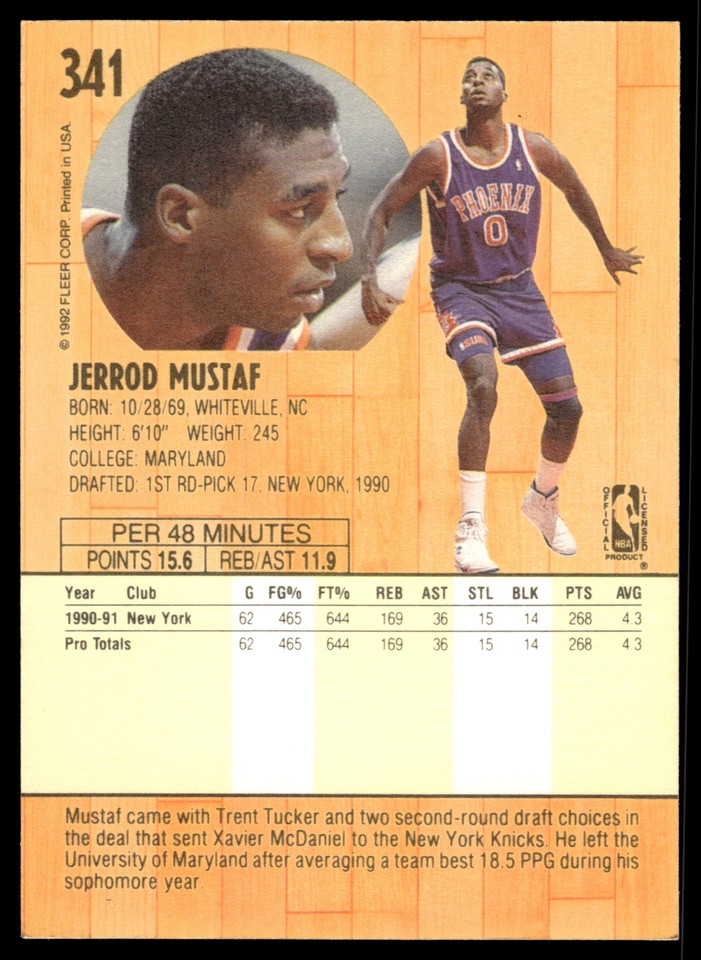 1991 Fleer #341 Jerrod Mustaf Rookie Phoenix Suns | eBay