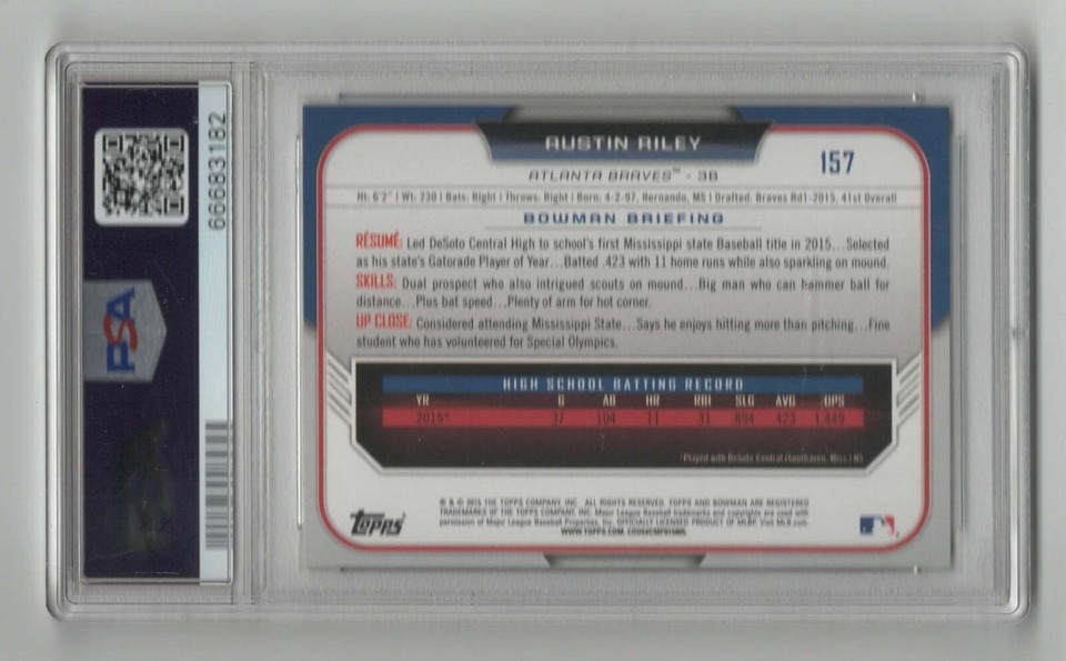 2015 Bowman Draft * 1st card * Rookie Card RC * Austin Riley * #157 ...