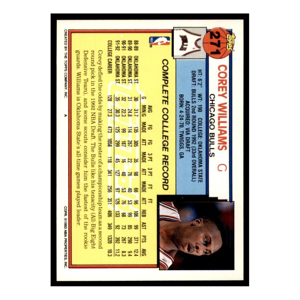1992 Topps #271 Corey Williams Rookie Chicago Bulls Basketball Card | eBay