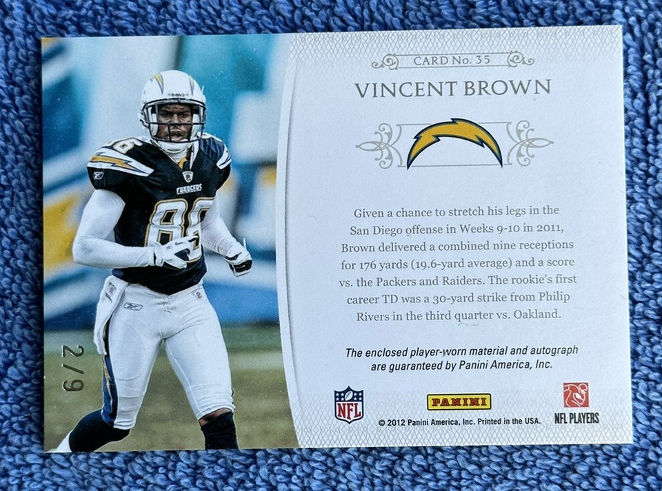 Vincent Brown 2012 National Treasures Dual Laundry Tag NFL Logo Dual ...