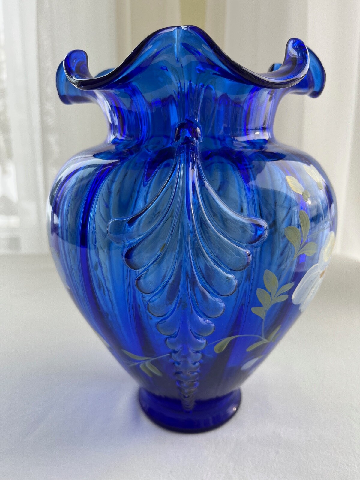 FENTON Art Glass Cobalt Blue HAND PAINTED FEATHERVASE Signed Shelly ...