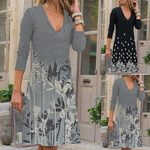 Womens Long Sleeve V-Neck Floral Pullover Dress Ladies Casual Loose ...