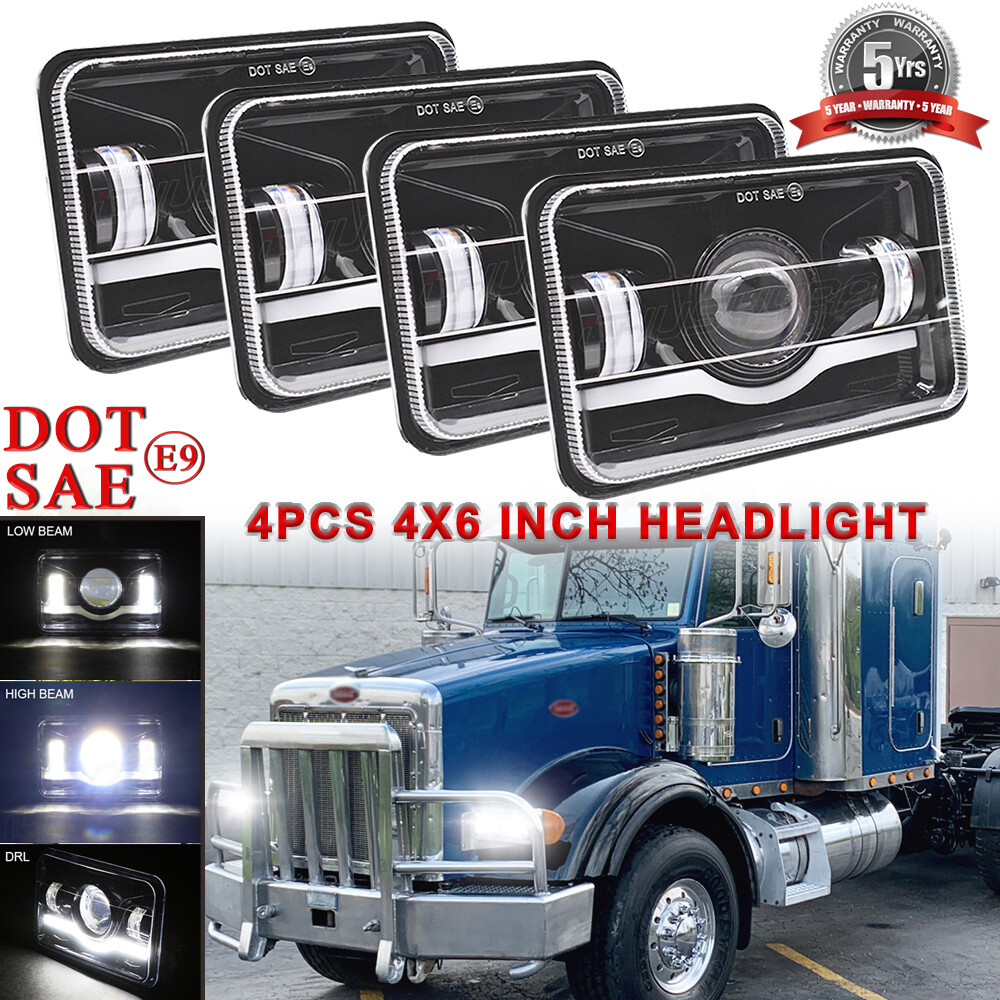 4pc 4x6" Hi/Lo Beam LED Headlights H4656/4651 For Kenworth Peterbilt ...