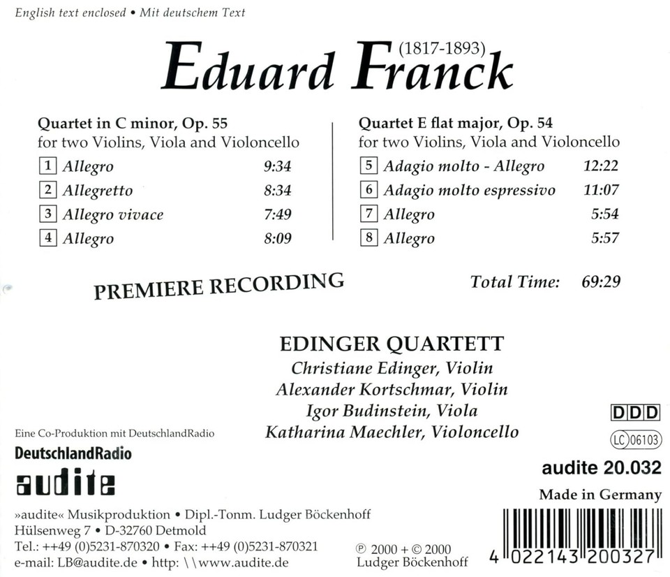 FRANCK,EDUARD Eduard Franck: String Quartets, Opp. 54 & 55 (CD ...