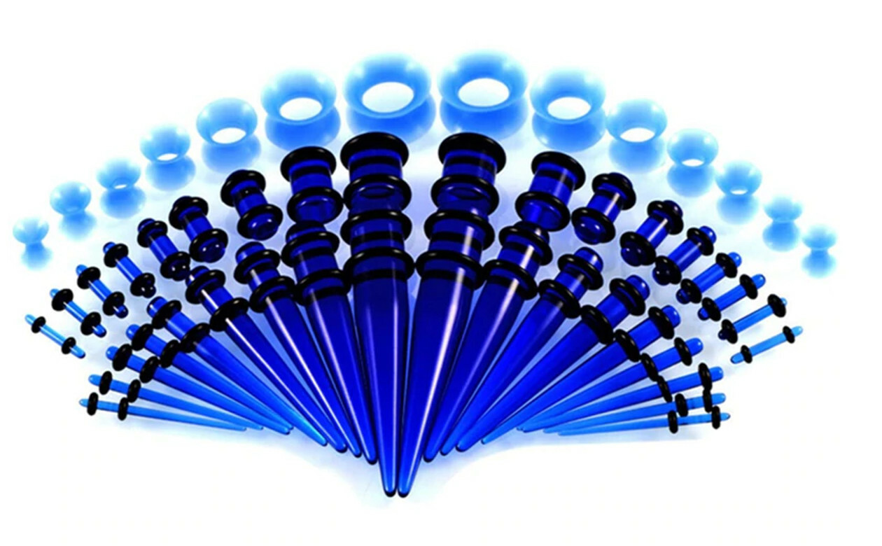 50pc Blue Ear Stretching Kit 14g-00g Gauging gauges Acrylic Silicone ...