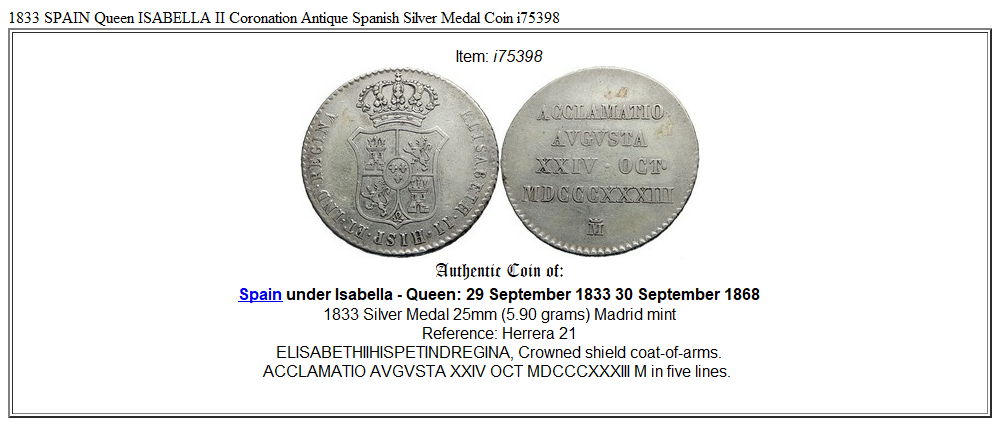 1833 SPAIN Queen ISABELLA II Coronation Antique Spanish Silver Medal ...