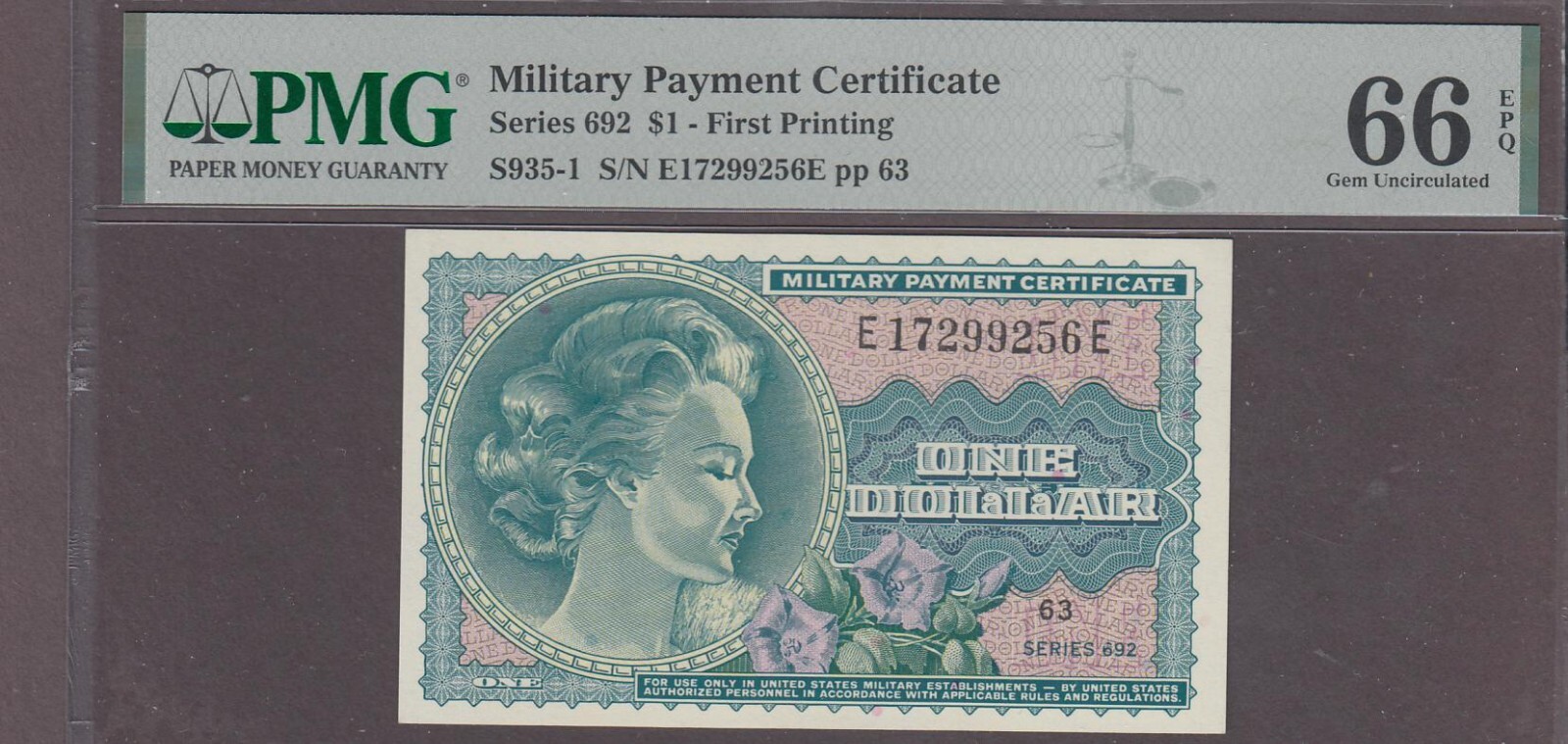 US MPC $1 Dollar Note Series 692 First Printing PMG 66EPQ | eBay