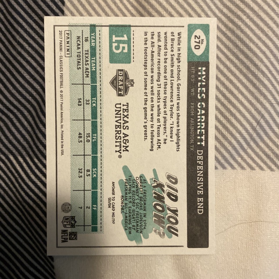 2017 Panini Classics #270 Myles Garrett Rookie Card Cleveland Browns | eBay