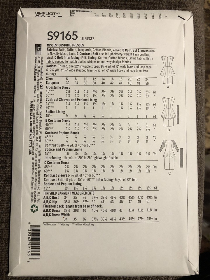 SIMPLICITY PATTERN 9165 BEETLEJUICE COSTUME MISSES SIZES 6 8 10 12 14 ...