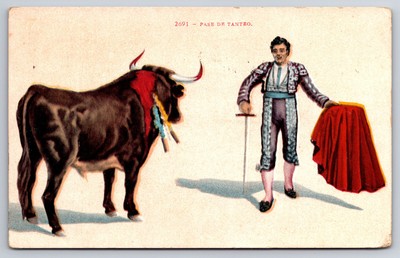 A508 Vtg Postcard Bull Fighting Bulls Matador Red Cloth Vtg Post Card ...