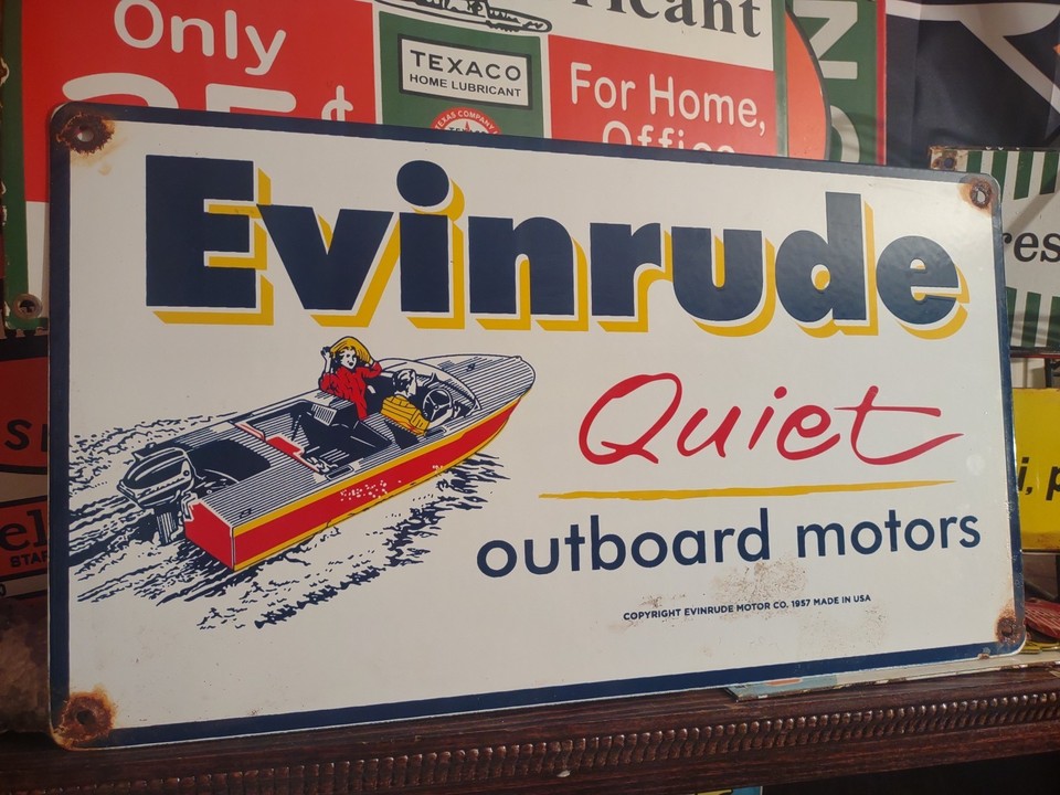 VINTAGE LARGE EVINRUDE PORCELAIN SIGN OUTBOARD MOTOR BOAT ENGINE ...