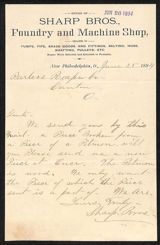 Sharp Bros. Foundry and Machine Shop 1894 New Philadelphia Billhead ...