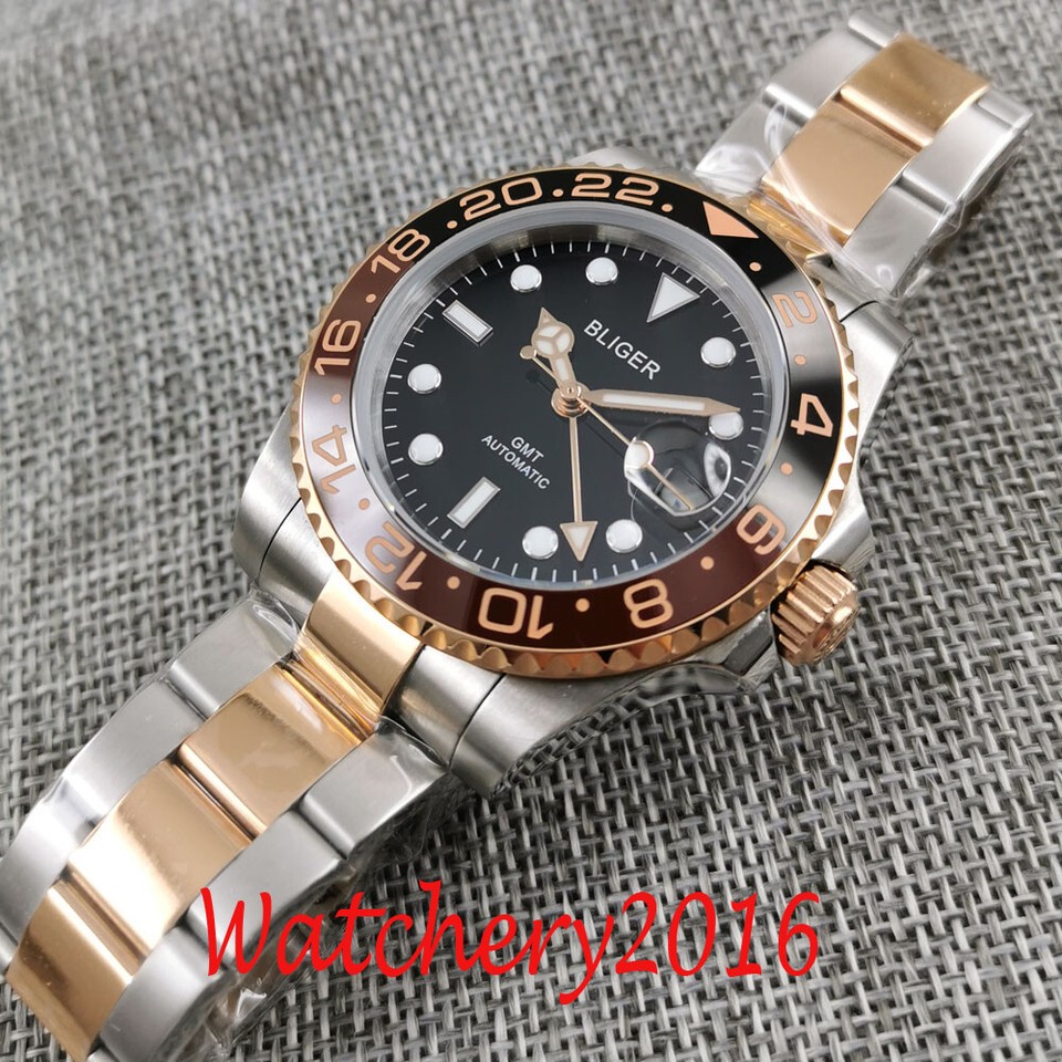 40mm BLIGER GMT Automatic Men's Watch Black Dial Rose Gold Sapphire ...