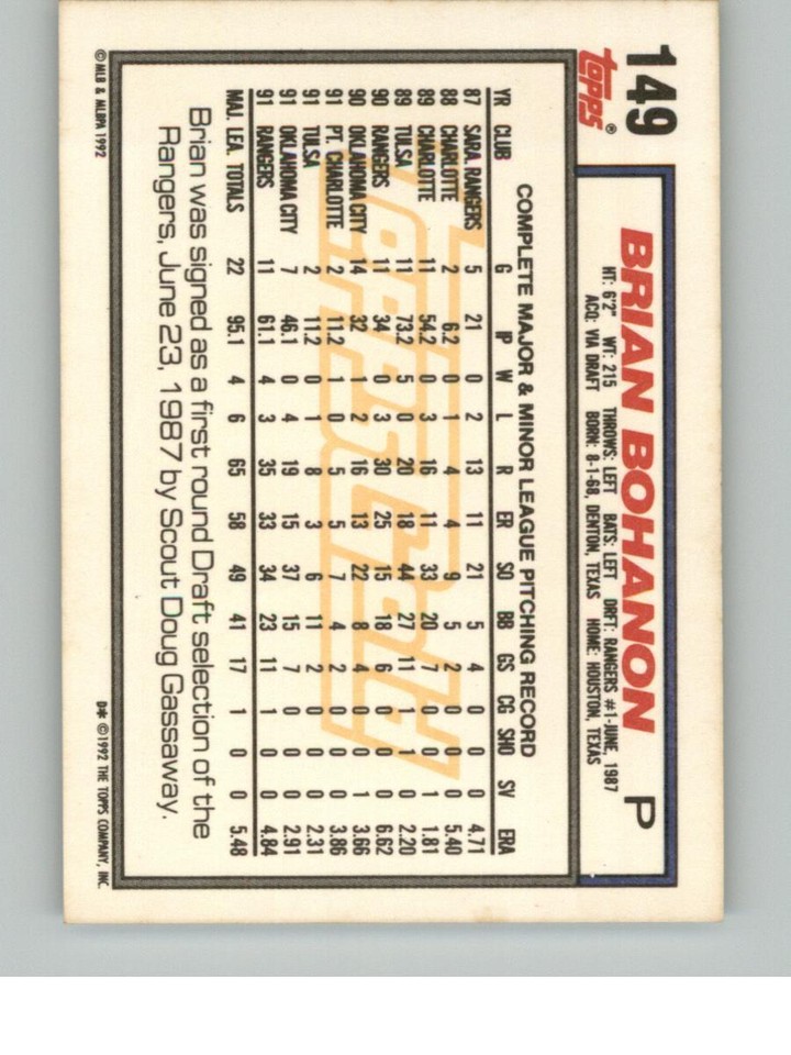 1992 Topps Brian Bohanon 149 Texas Rangers Gold | eBay