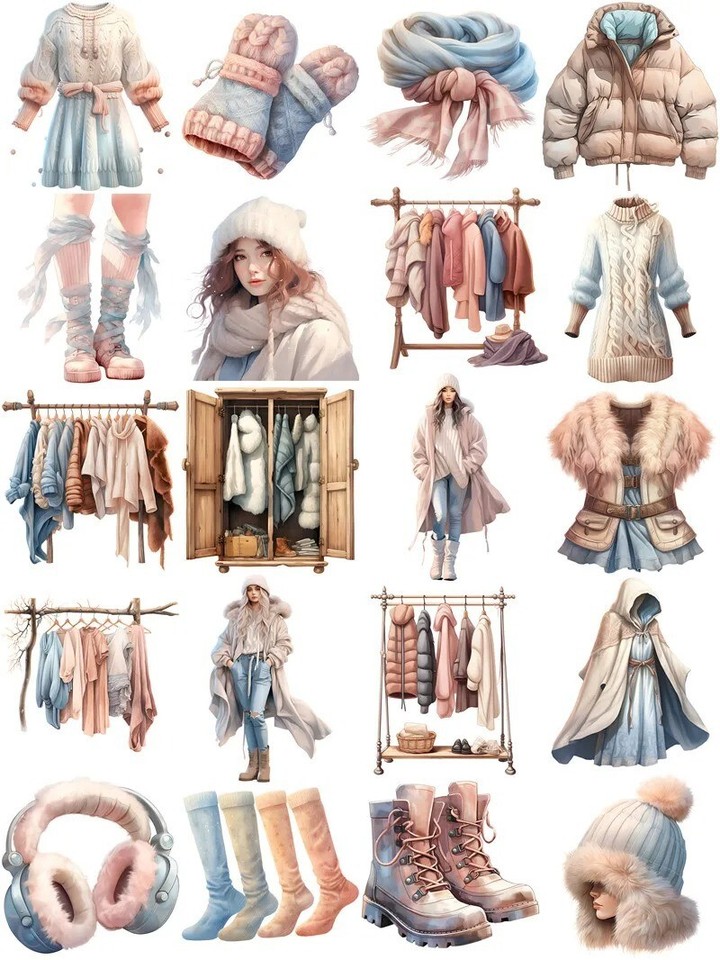 Warm Winter Fashion Stickers Set Cozy Girl Scrapbook Journal DIY Decor ...