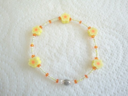 Handmade Yellow & Orange Polymer Clay Flower & Seed Bead Elasticated ...