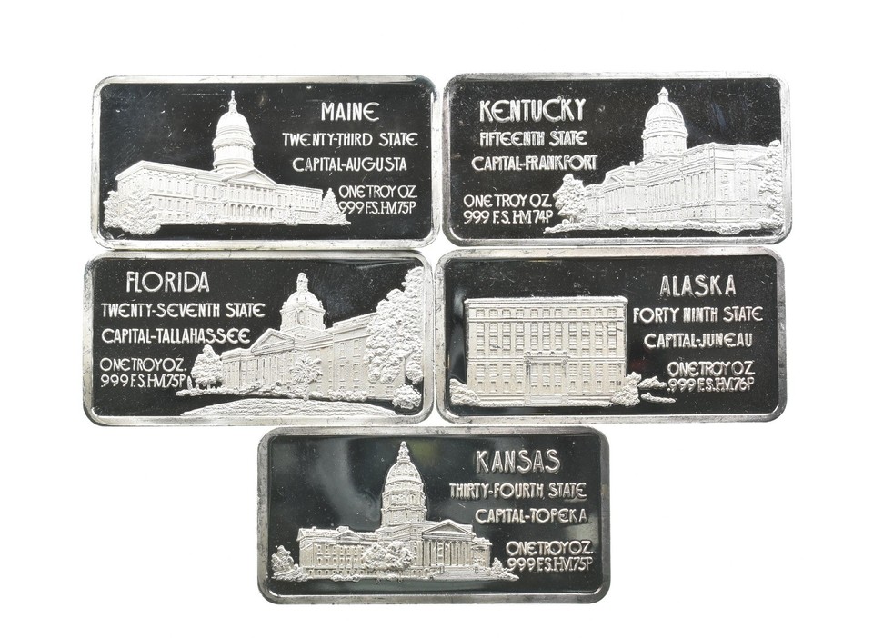 Lot 5 VINTAGE 1 Oz Silver Bars/Rounds Art Bars Collection Poured .999 * ...