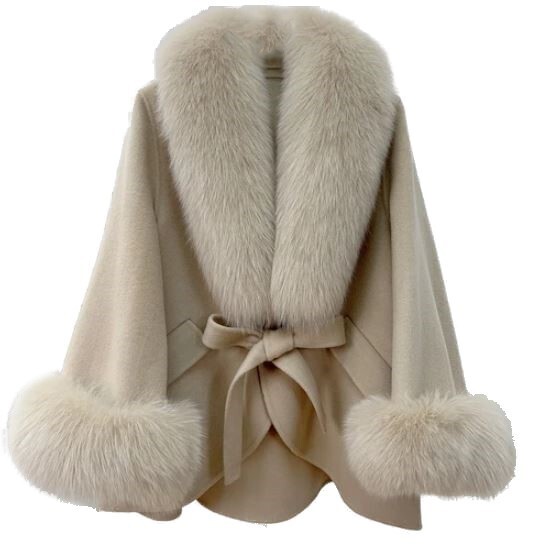 Women's Brand New Cream Cashmere Wool Cape Cloak Jacket Coat Fox Fur | eBay