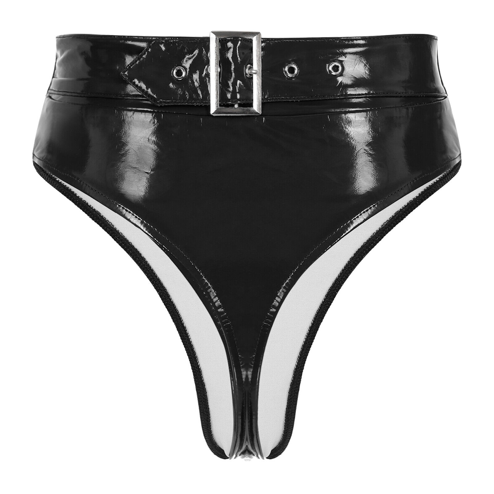 Womens High Waist String Wet Look Patent Leather Briefs Belt Panties