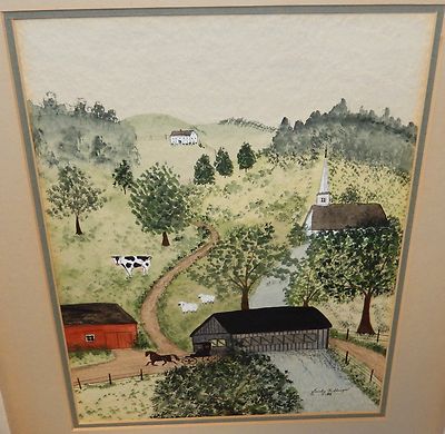 EMILY HOLLINGER ORIGINAL WATERCOLOR FARM LANDSCAPE FOLK PAINTING LISTED ...