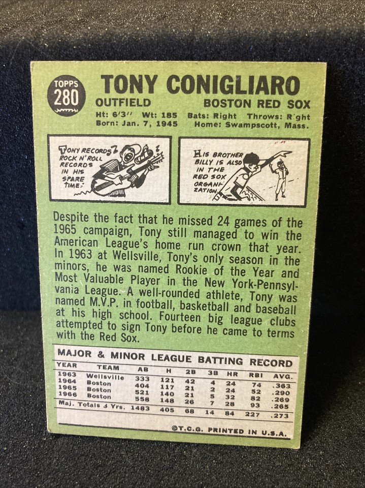 1967 Topps Vintage Baseball Tony Conigliaro Boston Red Sox Card #280 ...