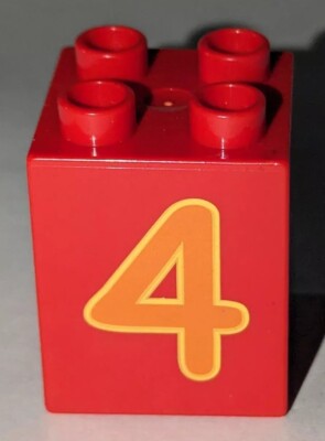 LEGO DUPLO 2X2X2 RED WITH ORANGE FOUR NUMBER # 4 PATTERN PART PIECE ...