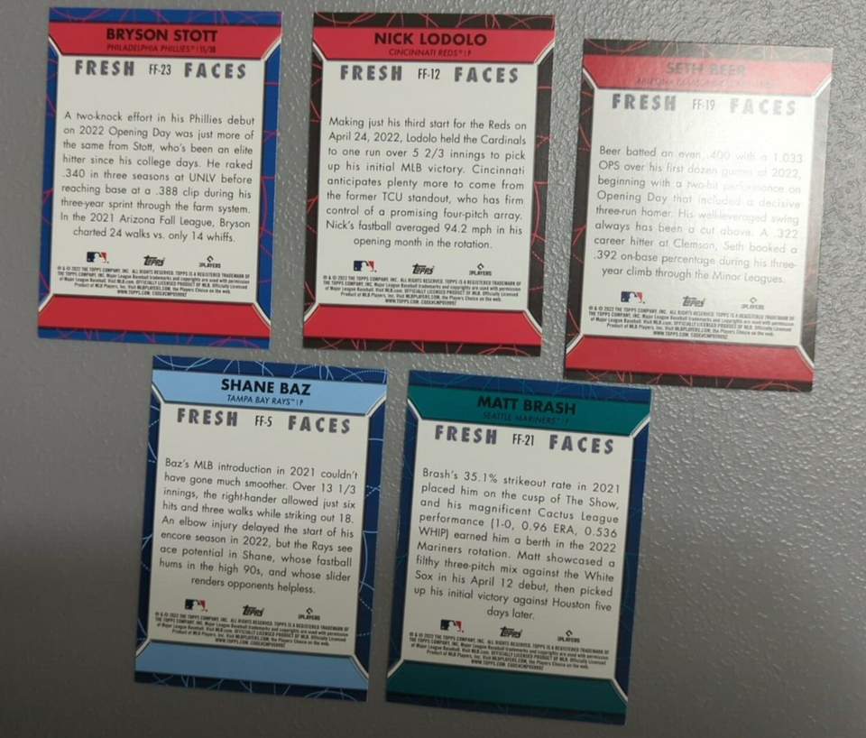 2022 Topps FRESH FACES Lot of 5; Lodolo, Stott, Baz, Beer, Brash | eBay