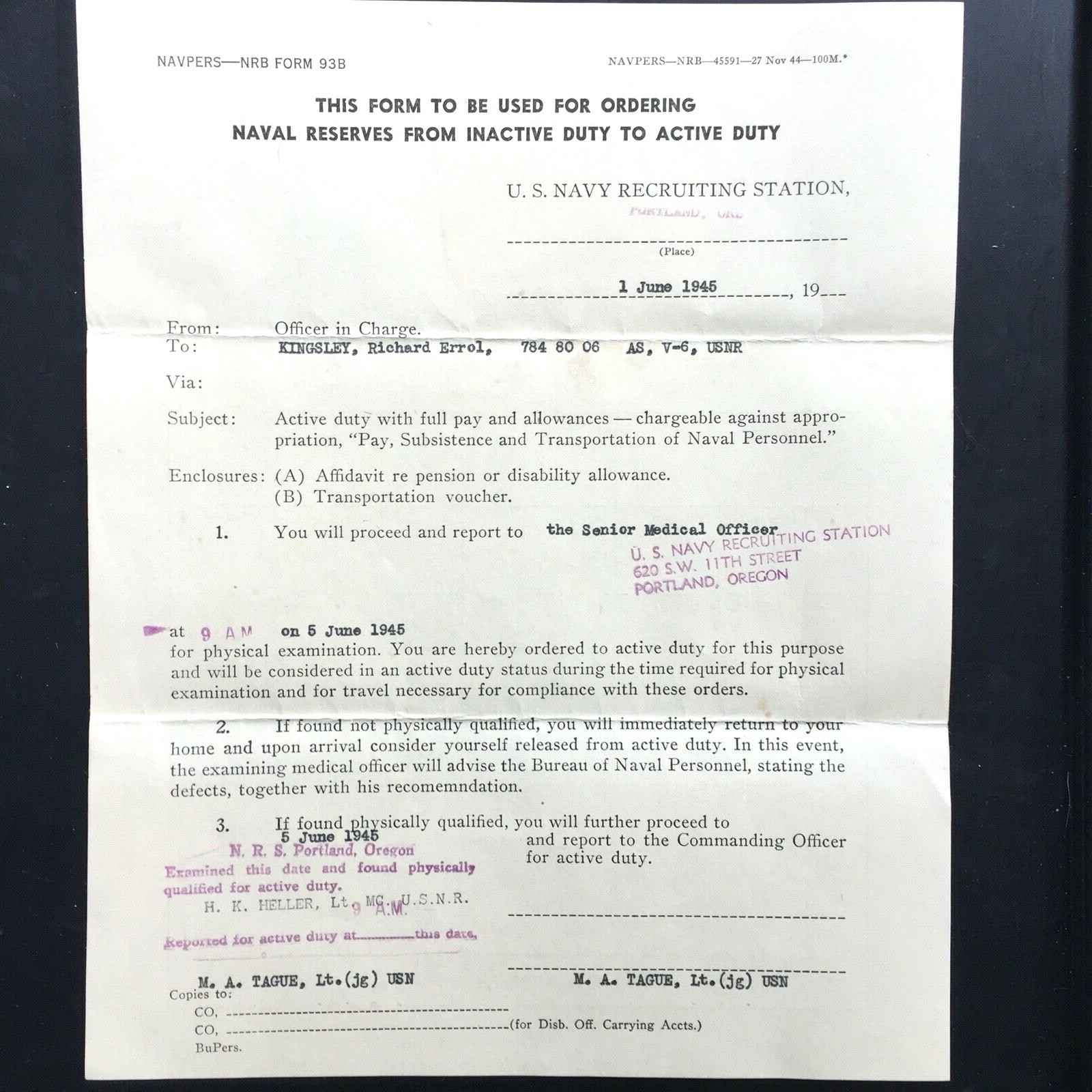 1945 WWII U.S. NAVAL RESERVES vintage official form INACTIVE DUTY TO ...