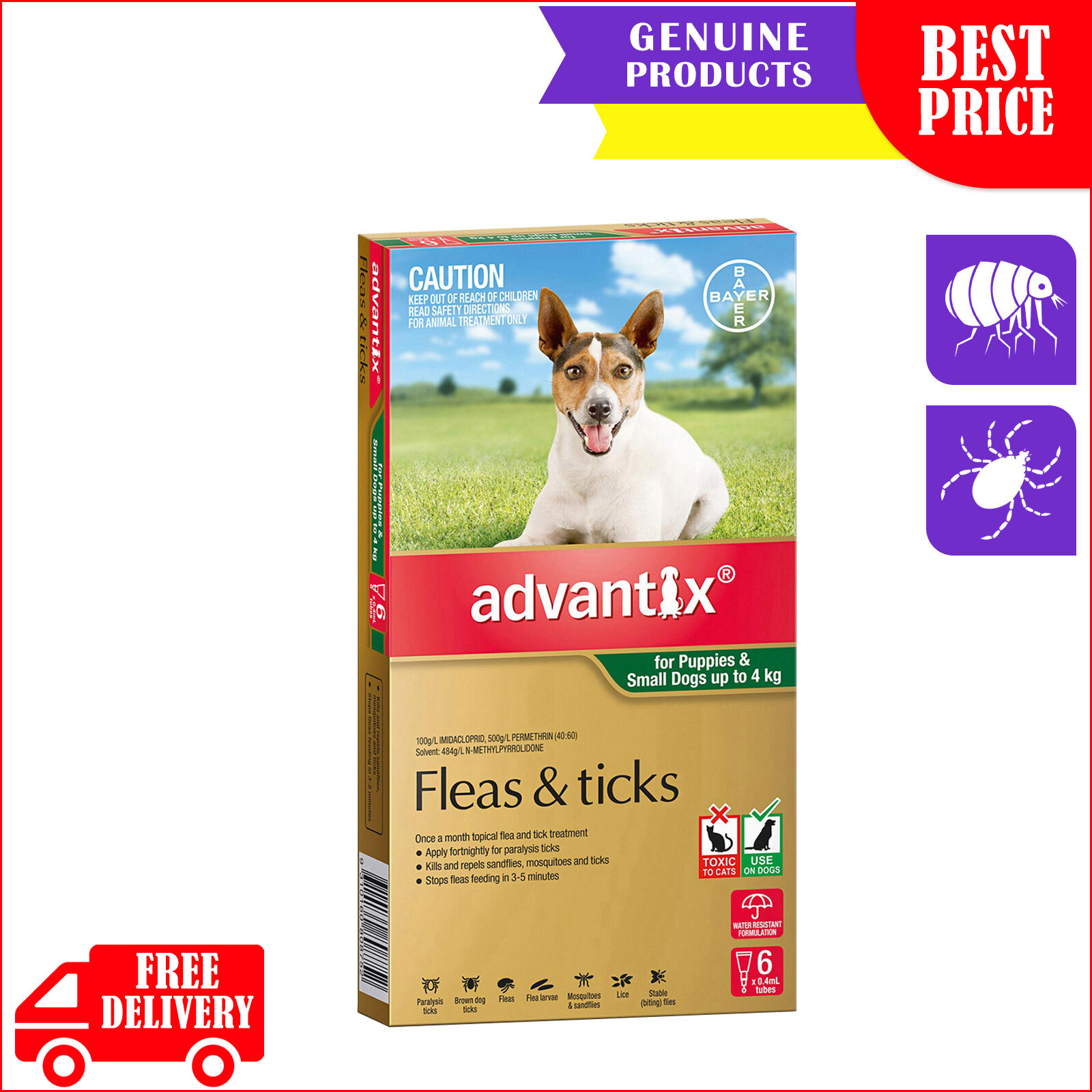 ADVANTIX for Dogs 6 Pipettes Flea and Tick Prevention All Sizes Long ...