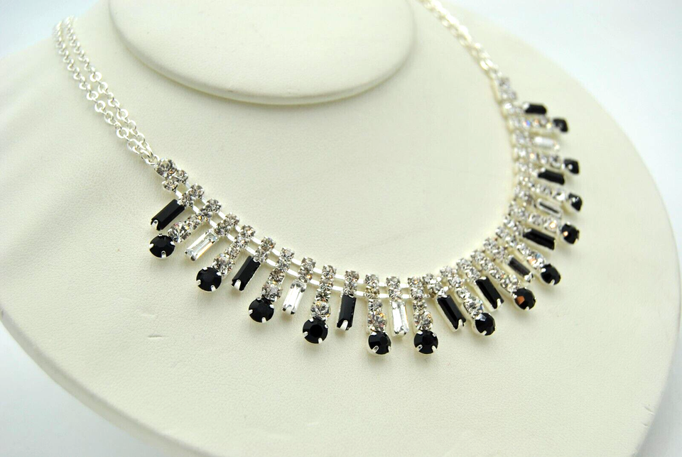 BT JEWELED Silver Tone Crystal & Black Rhinestone Emerald/Round Cut ...