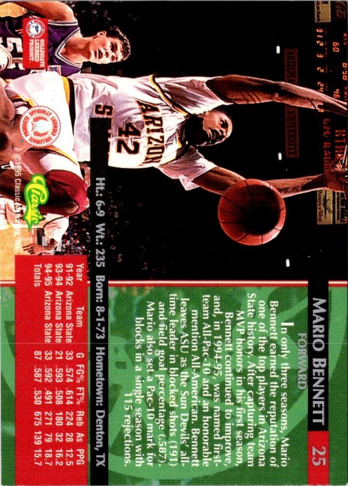 1995 Classic Mario Bennett #25 Arizona State Sun Devils Basketball Card ...