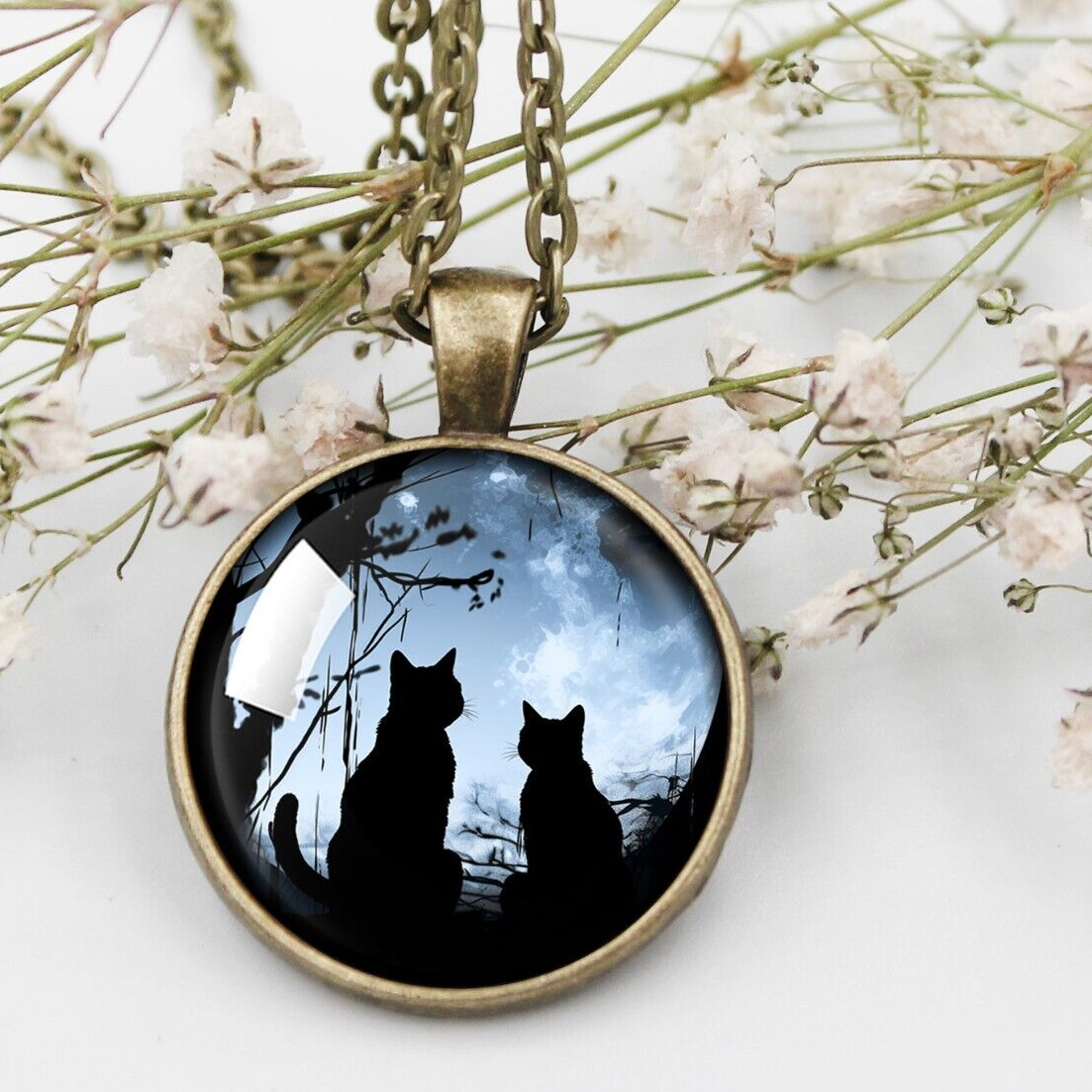 Two Silhouette Cats in the night, Moon Cat Pendant Necklace, Couple ...