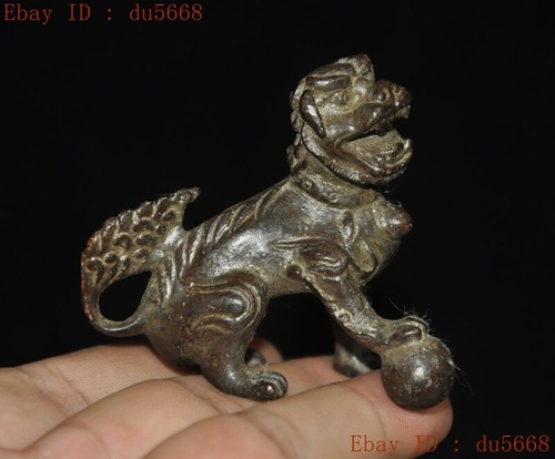 2"Old China Chinese Feng Shui pure bronze lucky animal Lion Foo dog ...