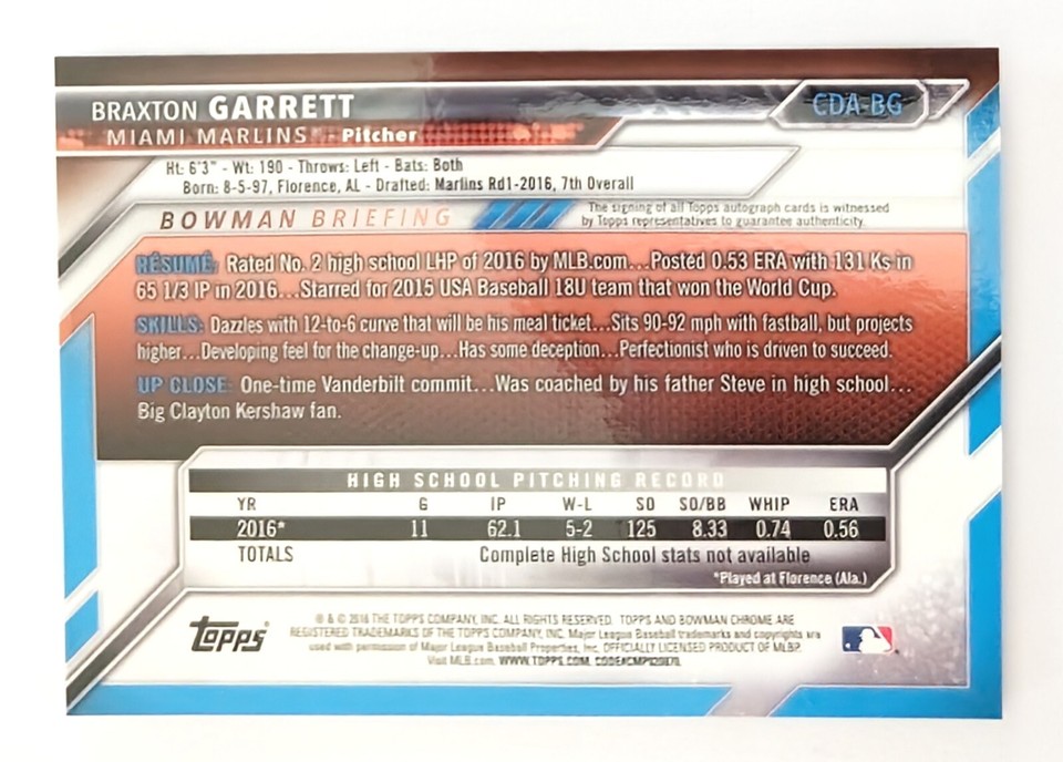 2016 Bowman Draft Chrome 1st Braxton Garrett Auto #cda-bg Rookie ...