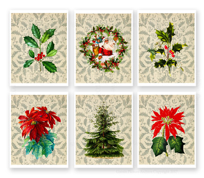 Christmas Wall Decor set of6 unframed art prints Santa Holly Poinsettia ...