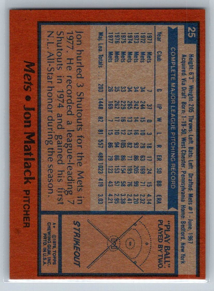 Jon Matlack 1978 Topps Baseball #25 New York Mets | eBay